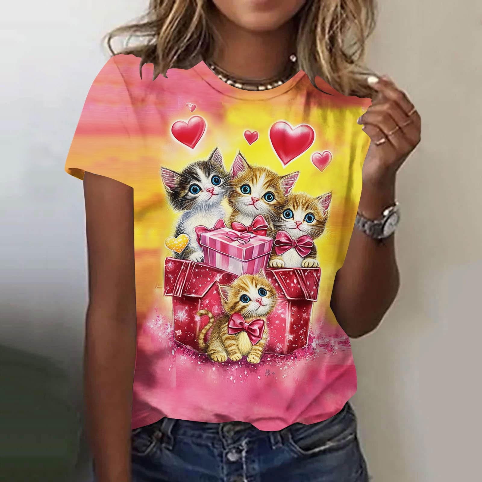 Fengqque Women's Valentine's Day Gift Short Sleeve Round Neck Kitten ...