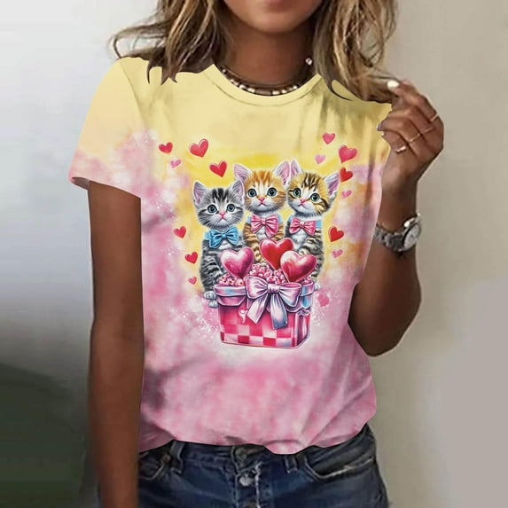 Fengqque Women's Valentine's Day Gift Short Sleeve Round Neck Kitten ...