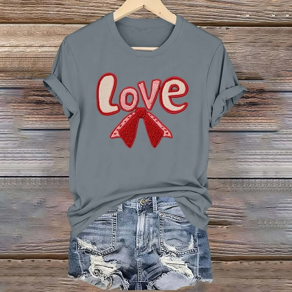 Fengqque Women's Valentine's Day Gift Short Sleeve Round Neck Letter ...