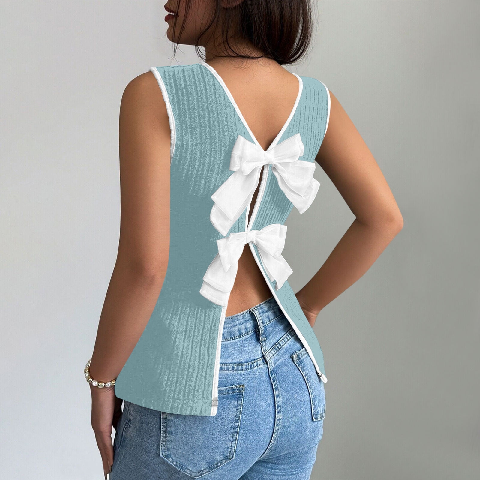 Fengqque Womens Double Bow Tie Back Tops Slim Fit Sleeveless Elastic ...