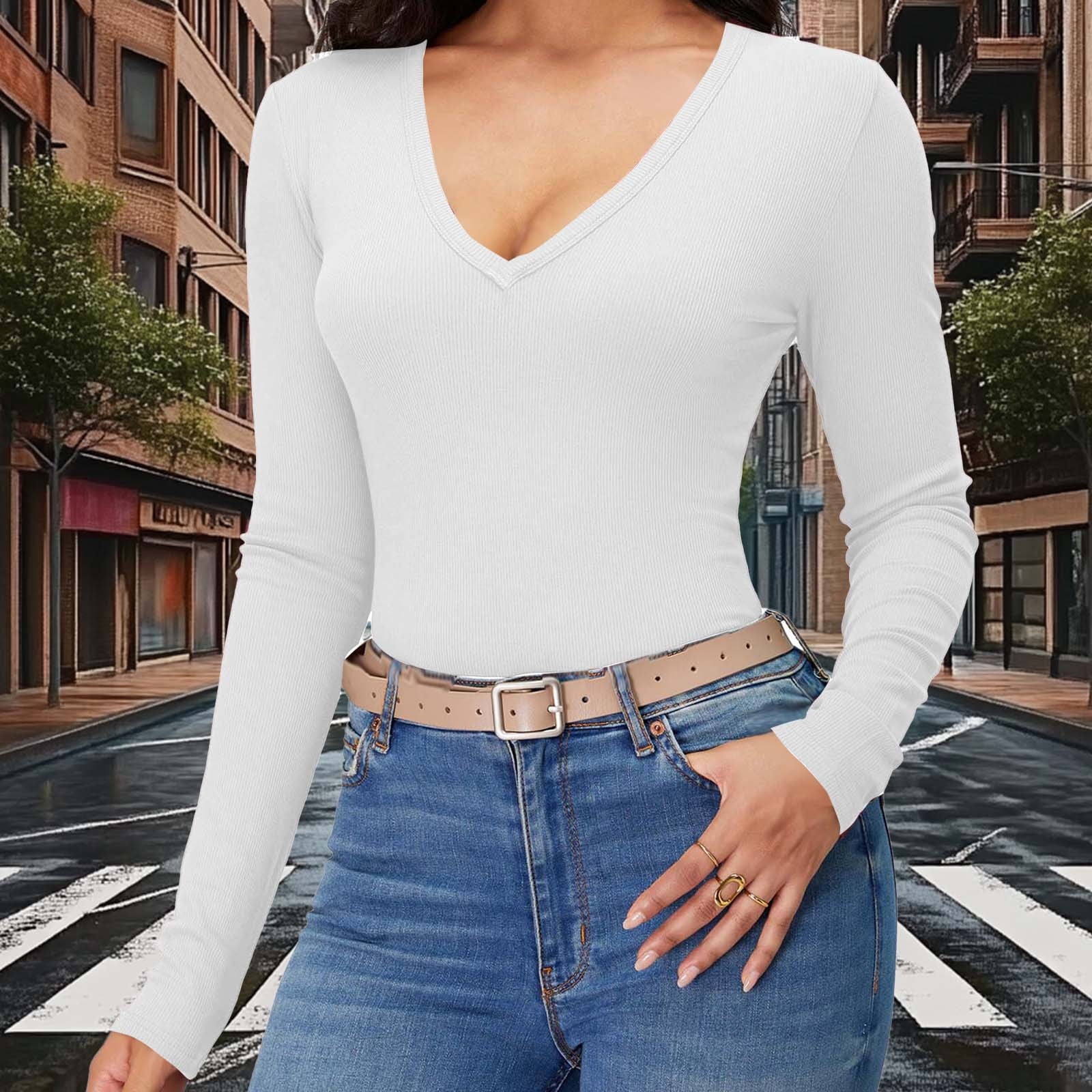Fengqque Womens Fashion Casual Long Sleeved Deep V Neck Warm Tight Knit ...