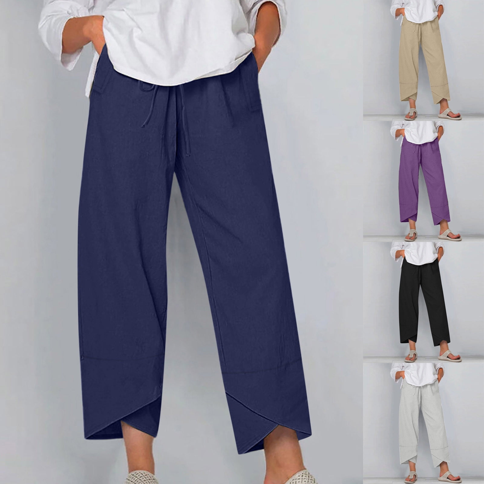 Fengqque Womens Linen-cotton Elastic Waist Drawstring Solid Color Loose ...