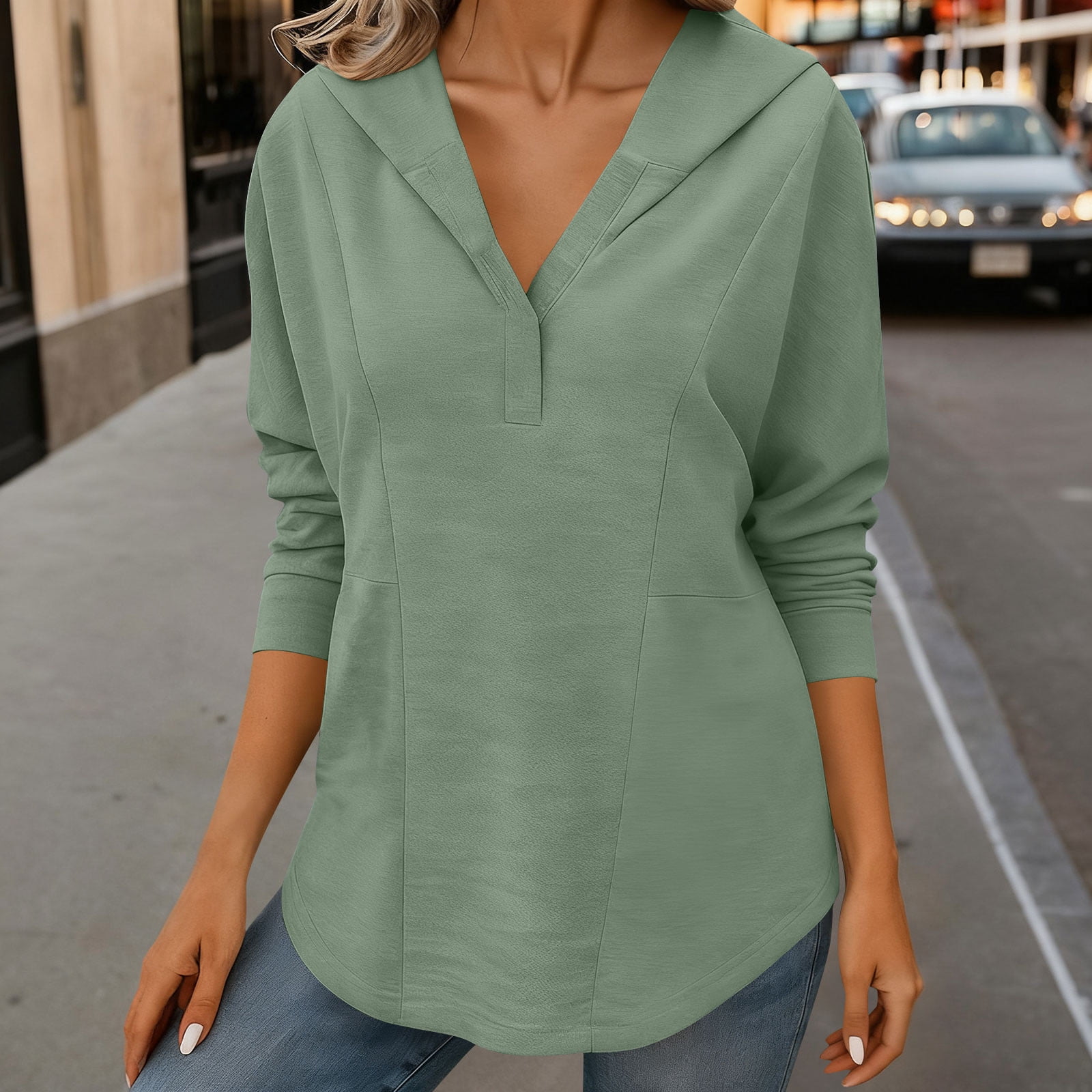 Fengqque Womens Long Sleeved V-neck Hoodie Waist-cinching Loose Waisted ...