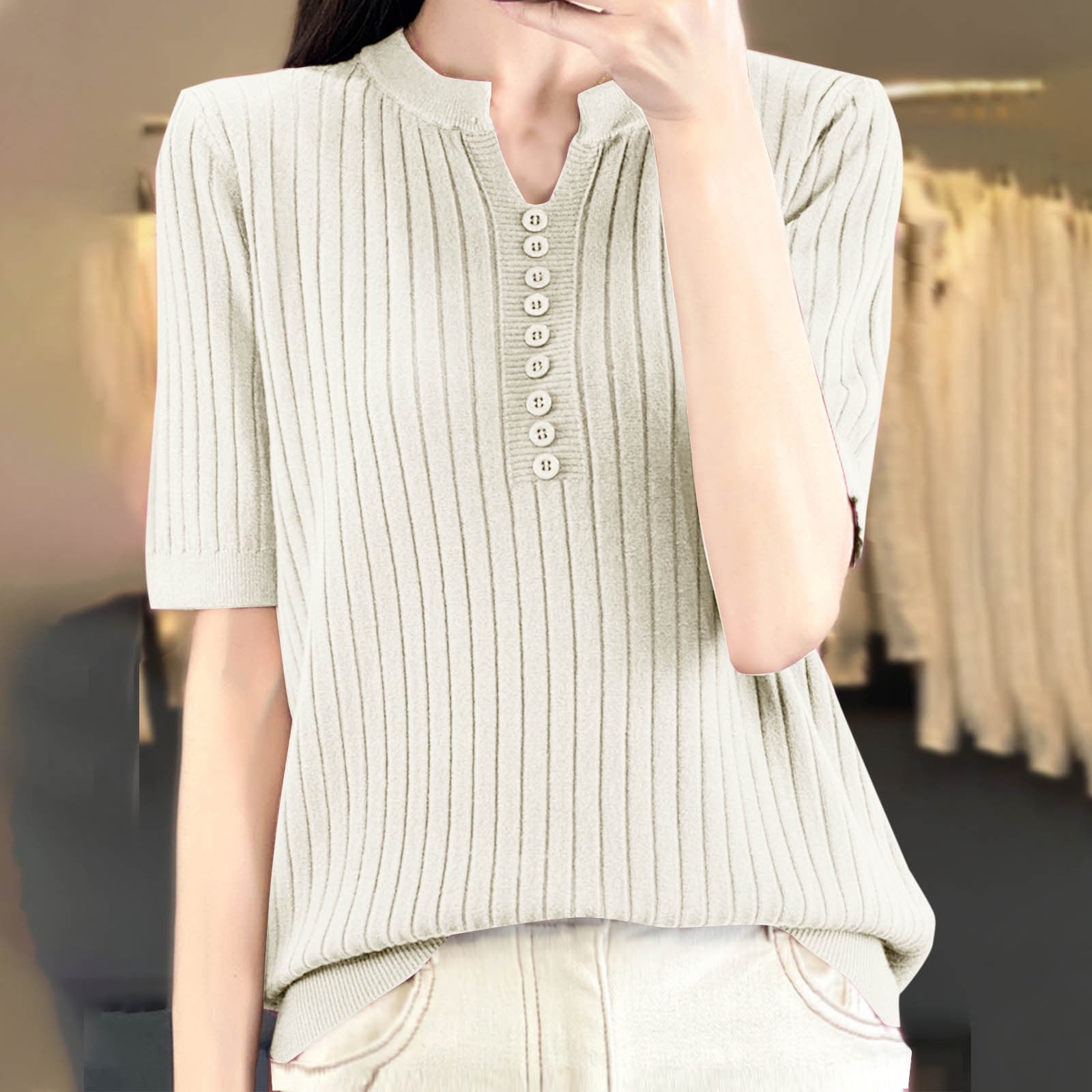 Fengqque Womens Short Sleeve Henley Tops V Neck Knitted Rib V-neck ...