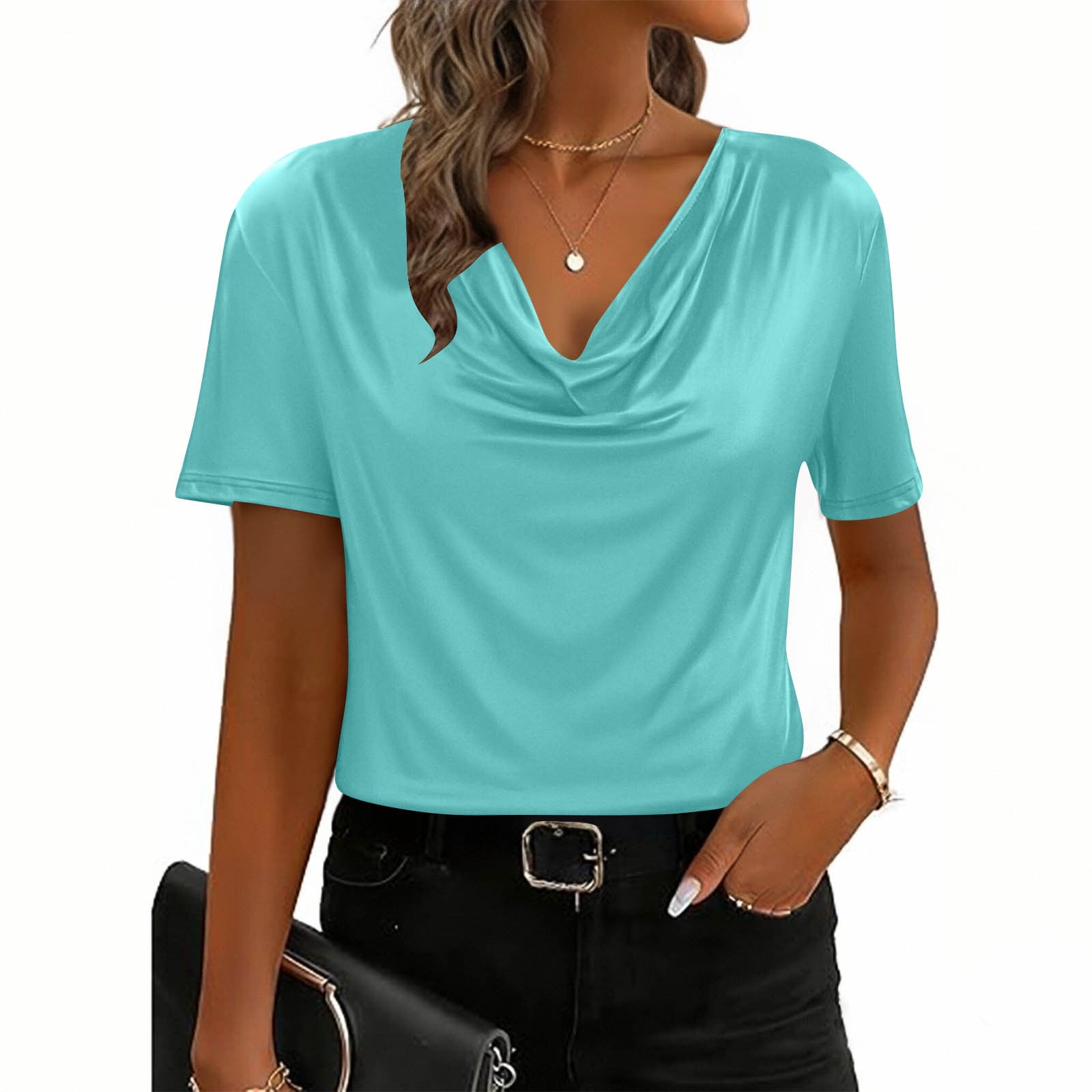 Fengqque Womens Summer Short Sleeve Fold V-neck Loose T-shirt Solid ...