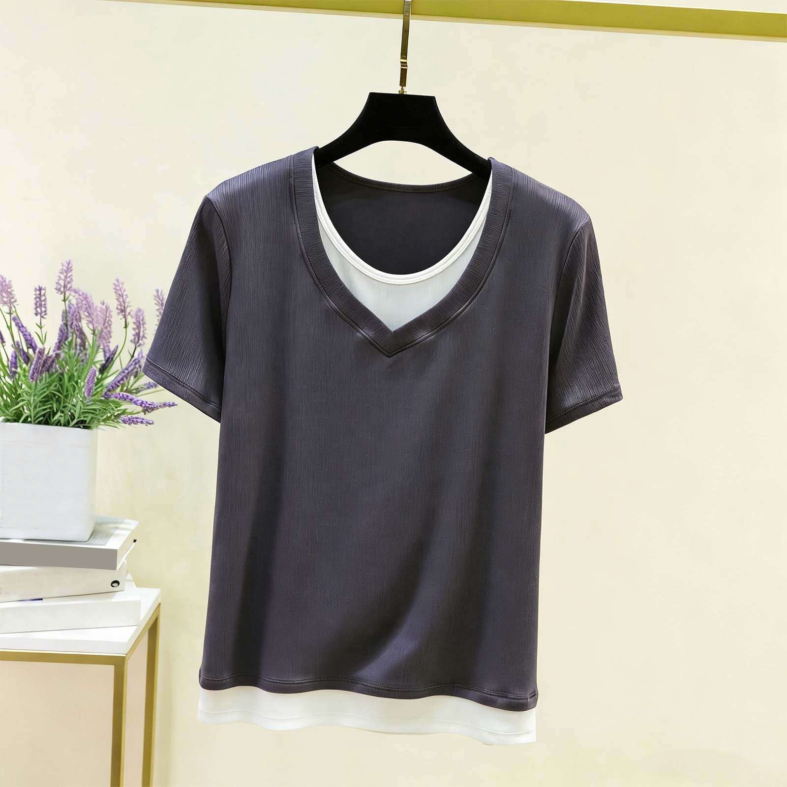 Fengqque Womens Summer Tops Round Neck Short Sleeve Threaded Fake Two ...