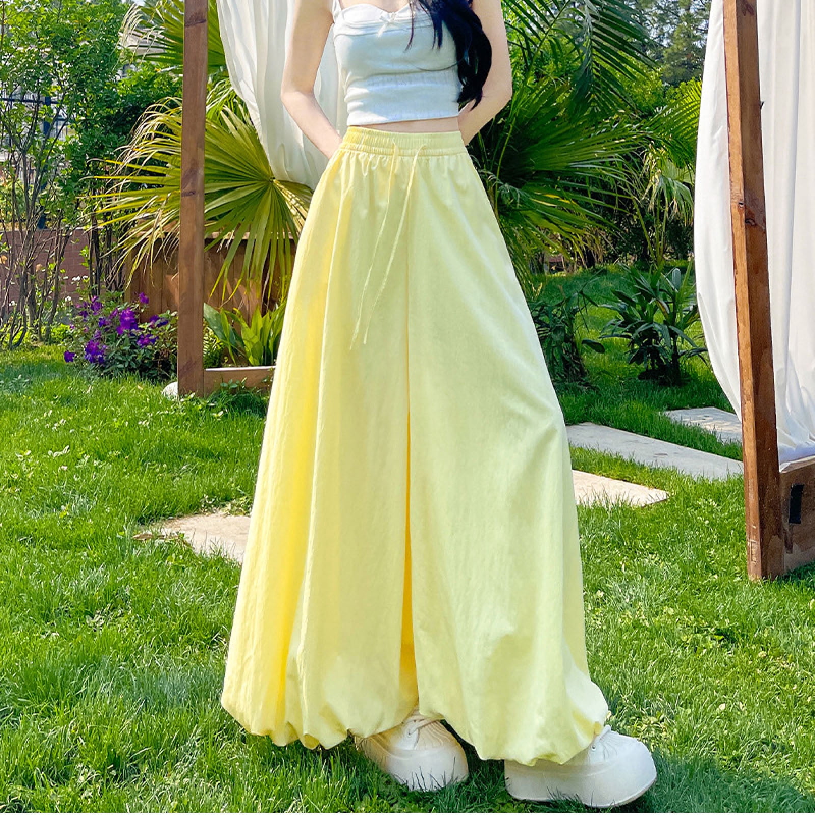 Fengqque Womens Wide Leg Trousers Elastic High Waisted Harem Pants ...