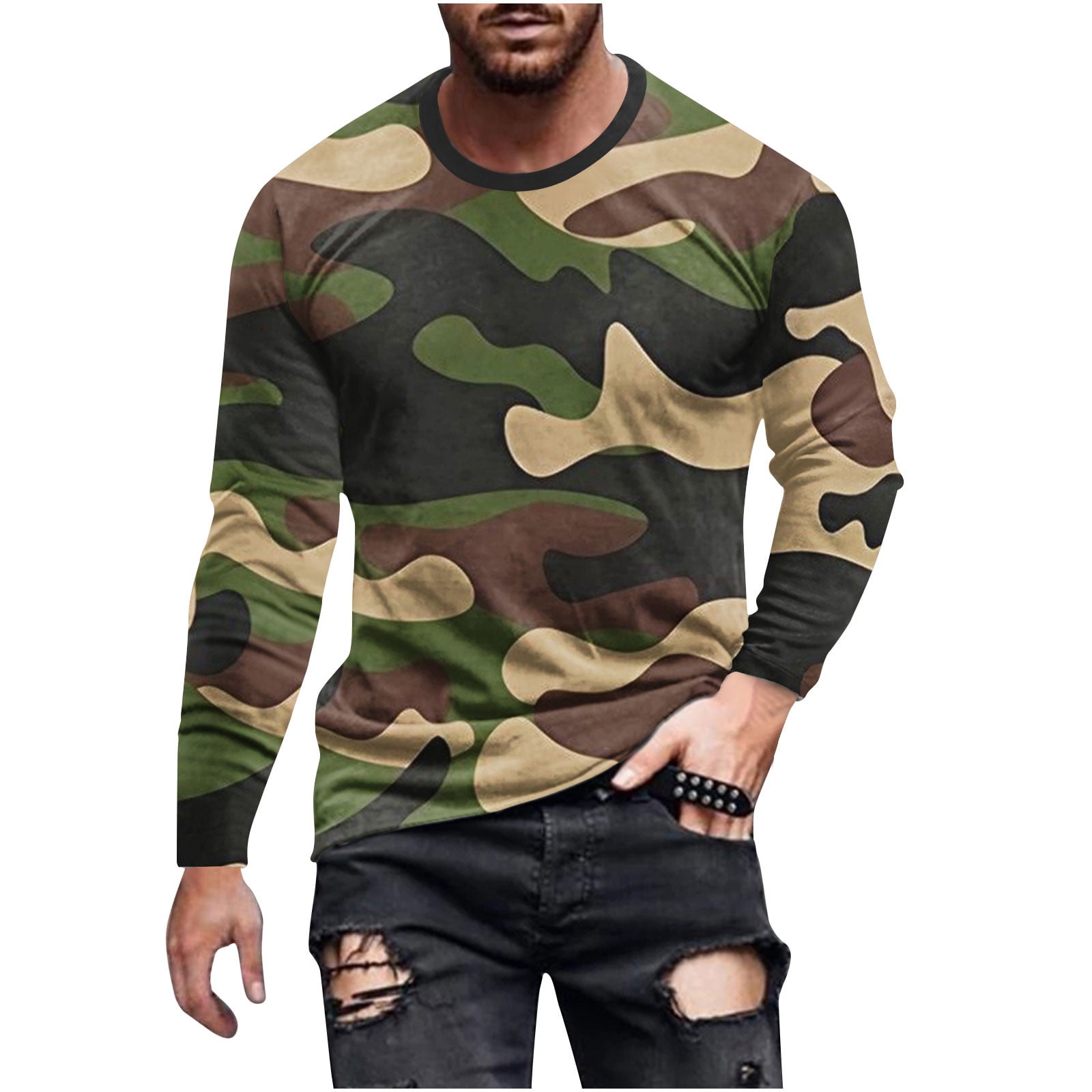 Fengyings Mens Long Sleeve Shirts Crew Neck Casual Tee Shirts Regular ...