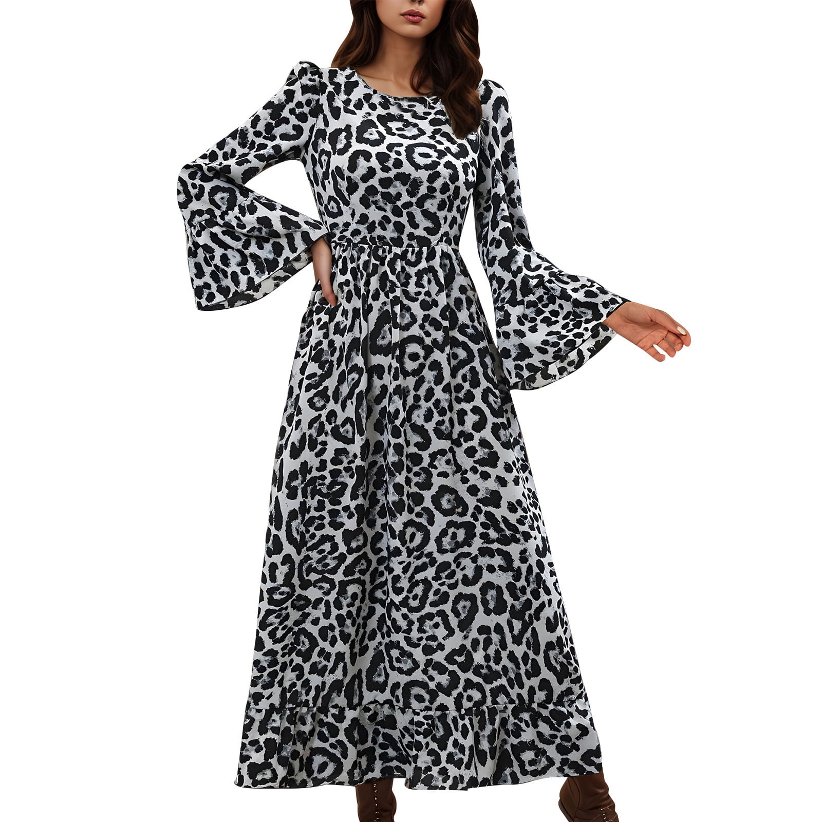 Fengyings Clearance Women's Long Sleeve Loose Maxi Dresses Casual Round ...