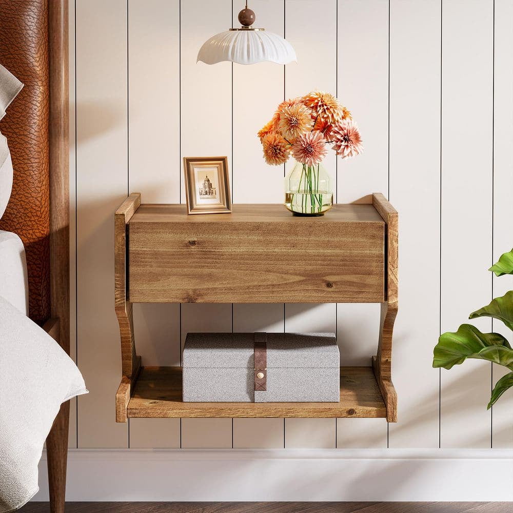 Fenley Brown 1 Drawer 15.75 in. W Solid Wood Floating Nightstand Small ...