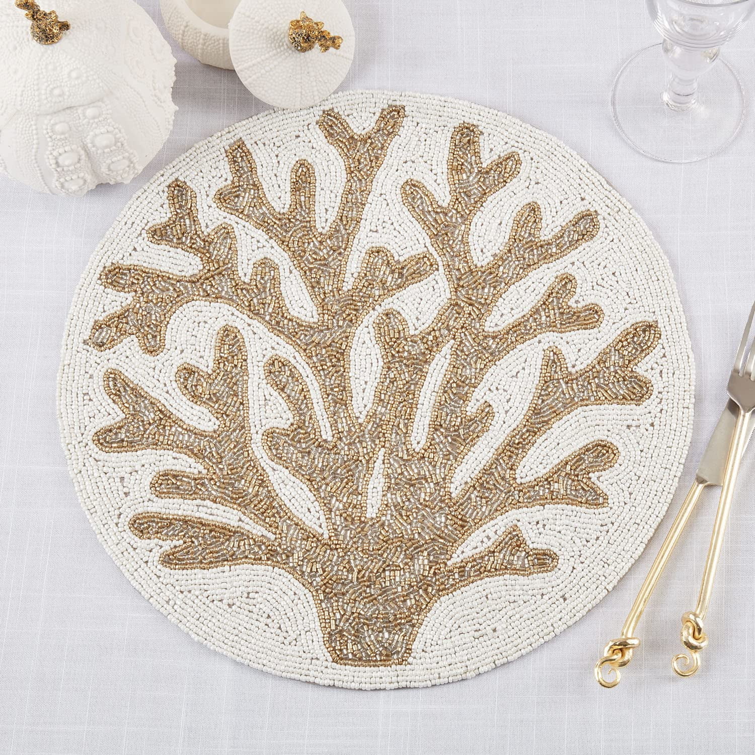Fennco Style Hand Beaded Coral Reef Coastal Placemat 15" Round, 1-Piece ...