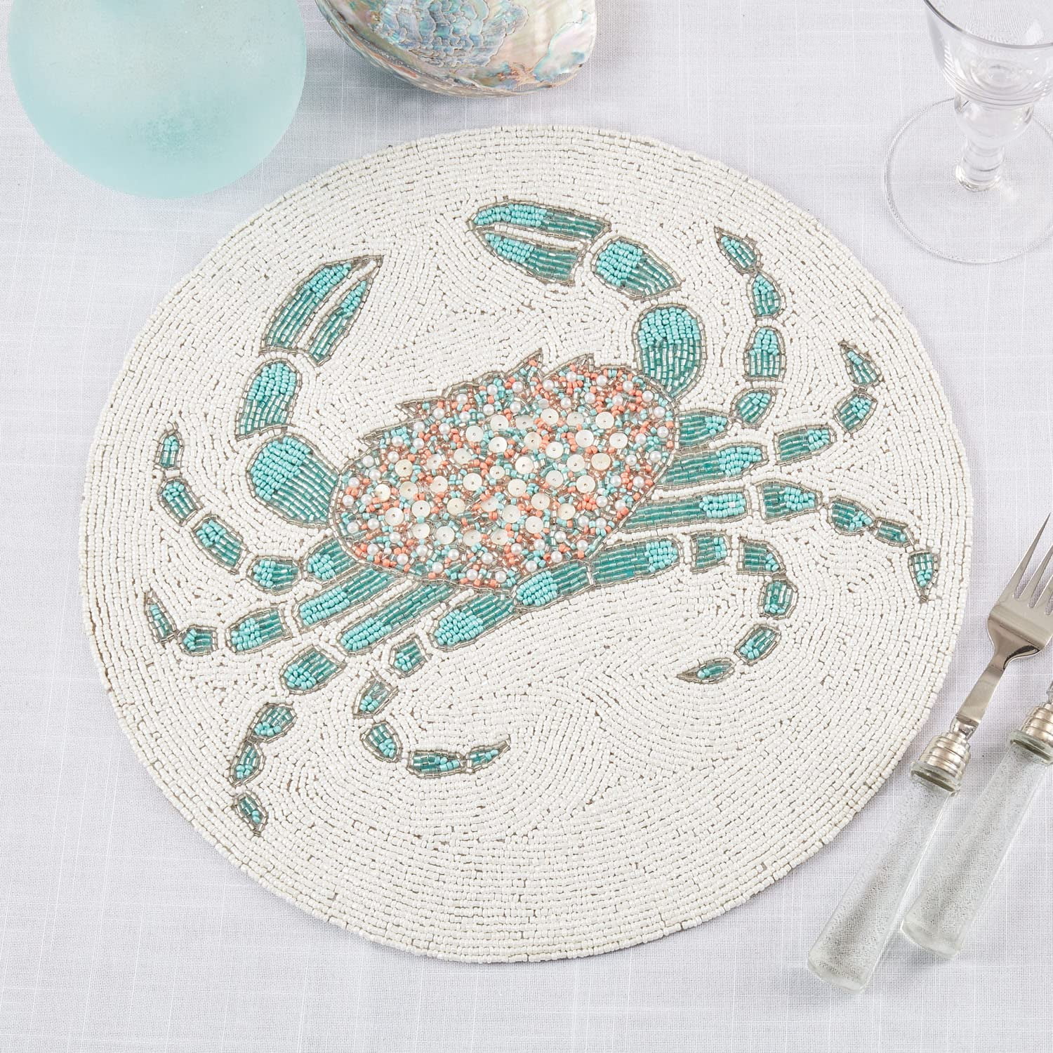 Fennco Style Hand Beaded Crab Coastal Placemat - Ocean Theme Nautical ...