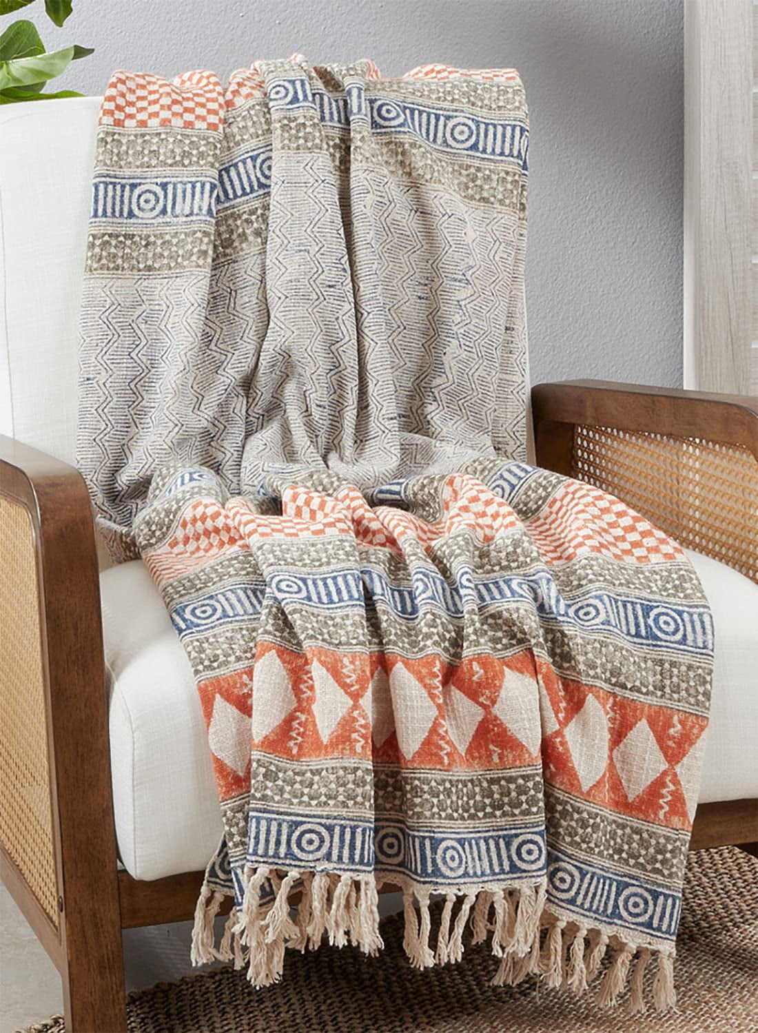 Fennco Styles Abstract Boho Block Print Cotton Throw Blanket with ...