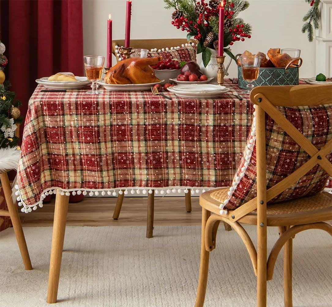 Fennco Styles Classic Plaid Snowflake Holiday Tablecloth 56" W X 56" L ...