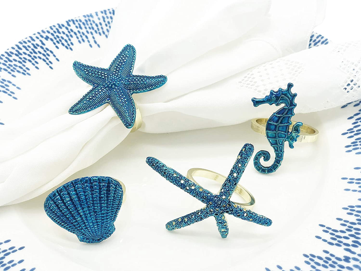 Fennco Styles Coastal Sea Creatures Metal Napkin Rings, Set of 4 - Blue ...