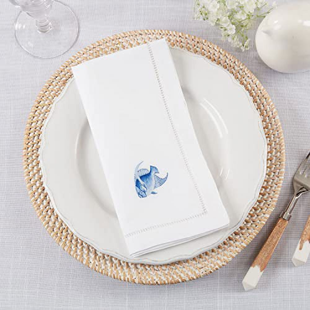 Fennco Styles Embroidered Blue Fish with Hemstitch Design Cloth Napkins ...