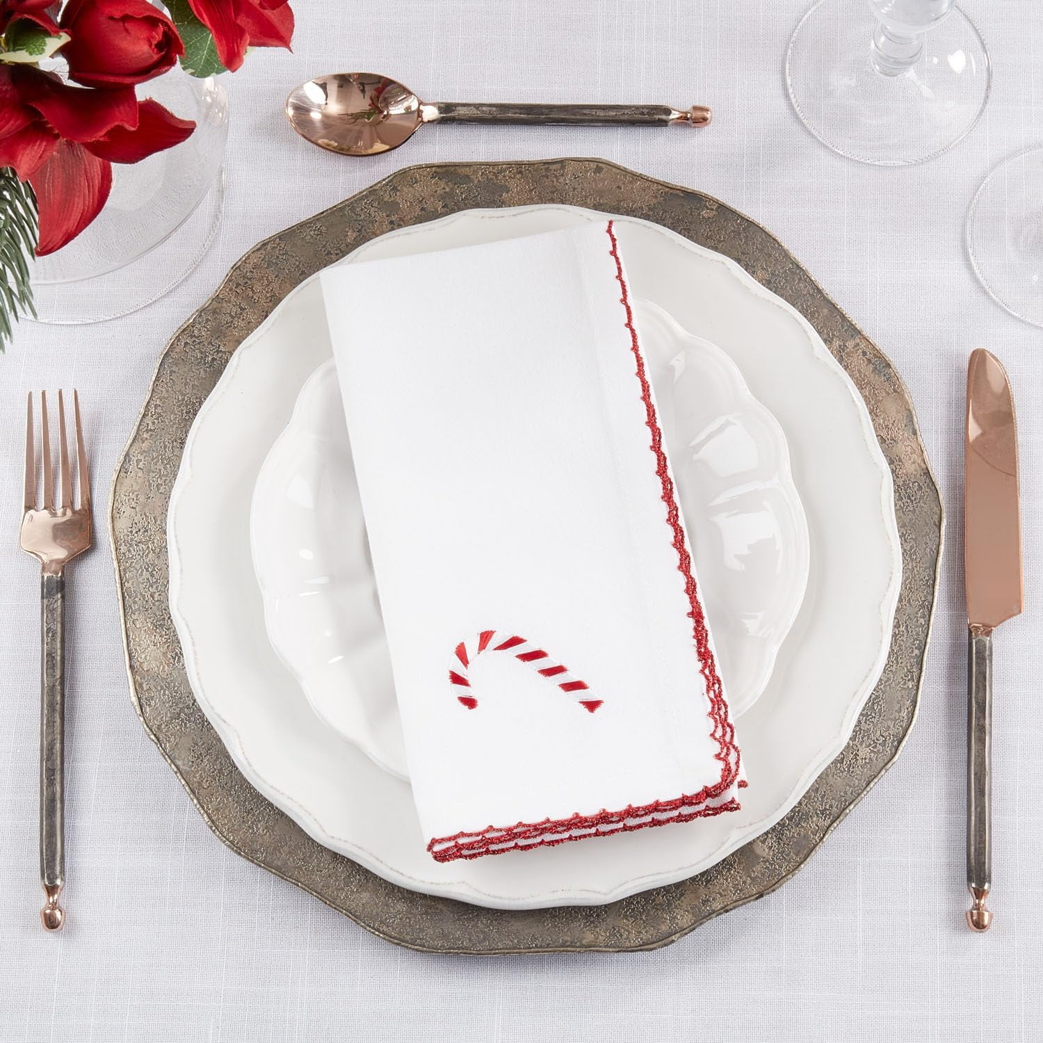 Fennco Styles Embroidered Holiday Candy Cane Whip Stitch Cloth Napkins ...