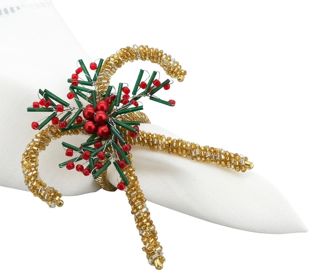 Fennco Styles Hand Beaded Holiday Candy Cane Napkin Rings, Set of 4 ...