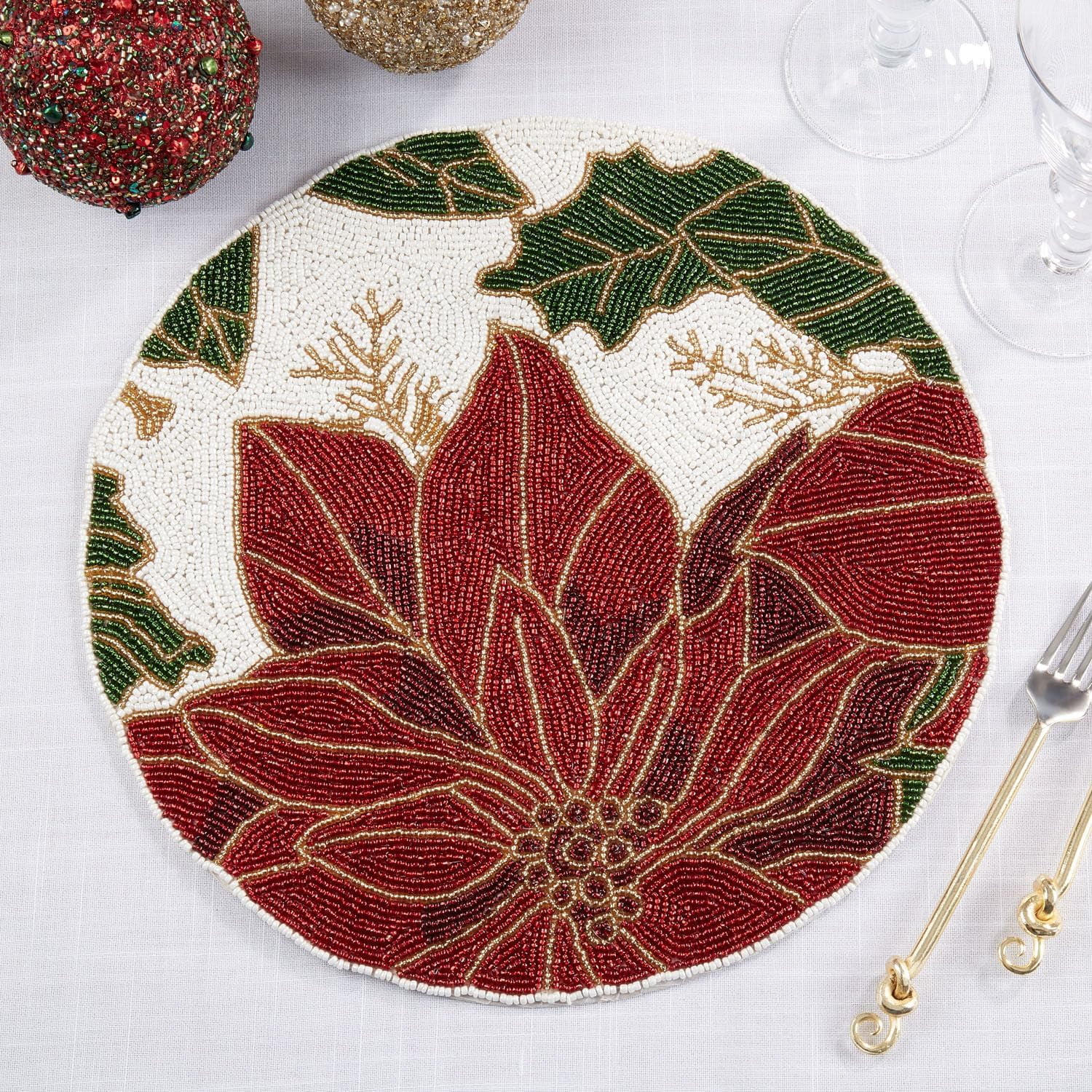 Fennco Styles Hand Beaded Poinsettia Christmas Placemat 14" Round, 1 ...