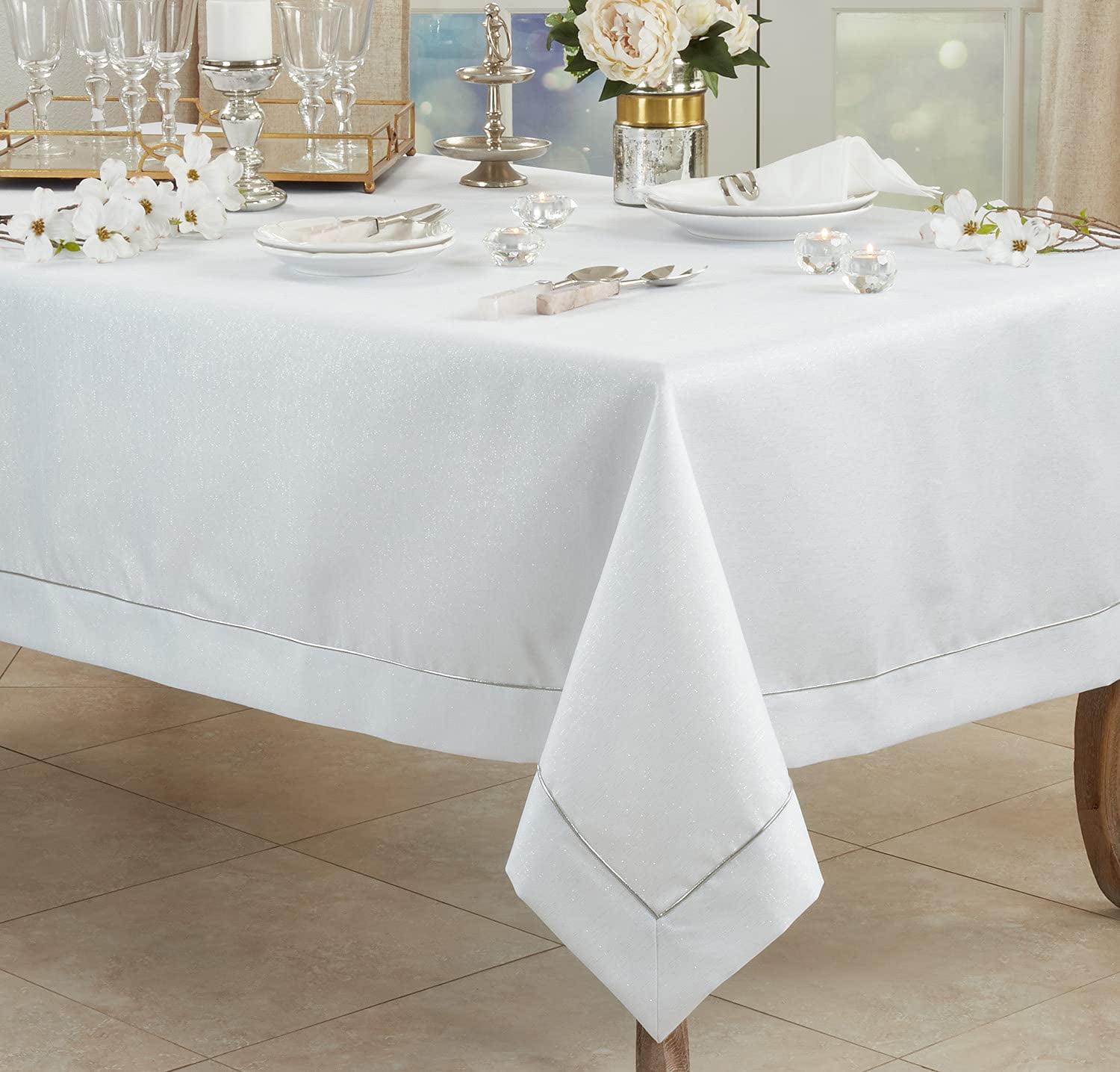 Fennco Styles Metallic Piping Shimmering Tablecloth 70" W x 70" L ...
