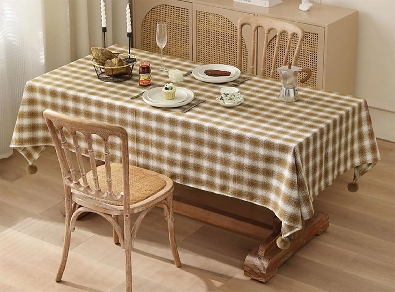 Fennco Styles Plaid Woven 100% Cotton Tablecloth with Pom Pom 56" W X ...
