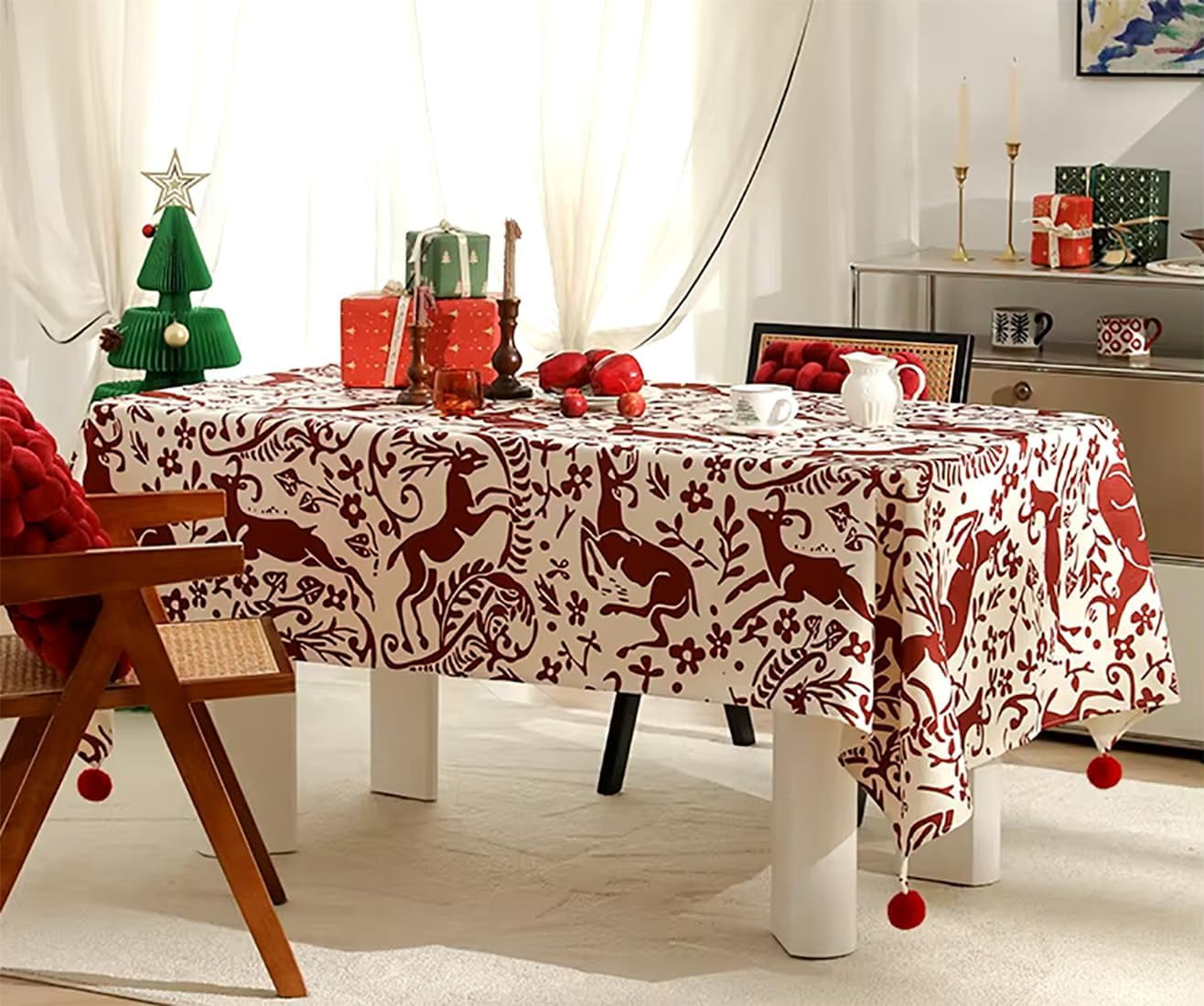 Fennco Styles Red Deer and Floral Pom Pom Christmas Tablecloth 56