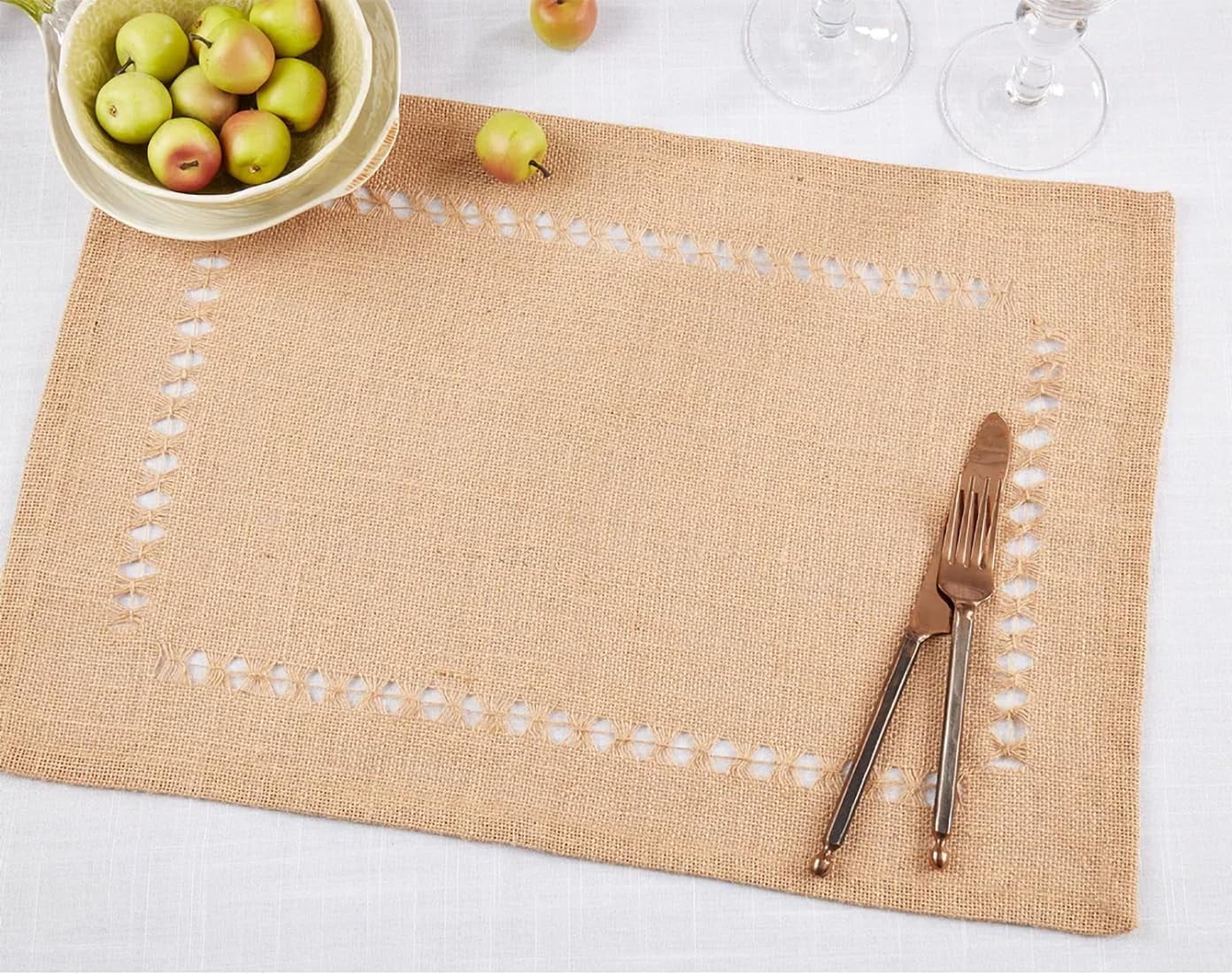 Fennco Styles Rustic Jute Hemstitch Placemats 14" W x 20" L, Set of 4 ...