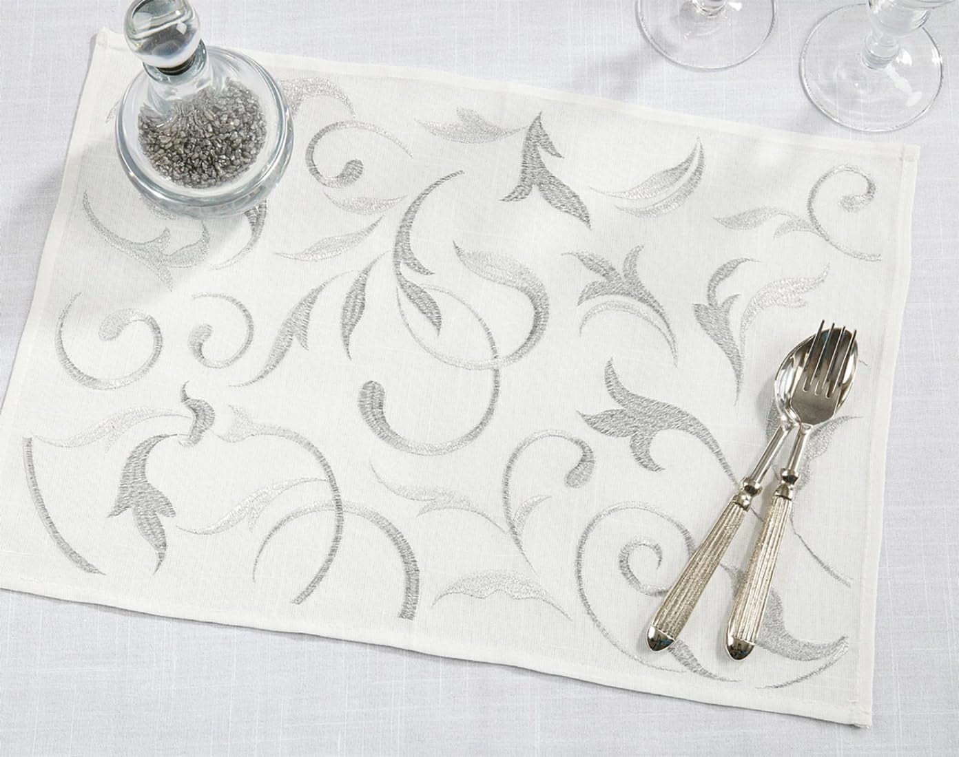 Fennco Styles Silver Embroidered Leaves Placemats 14" W x20 L, Set of 4 ...