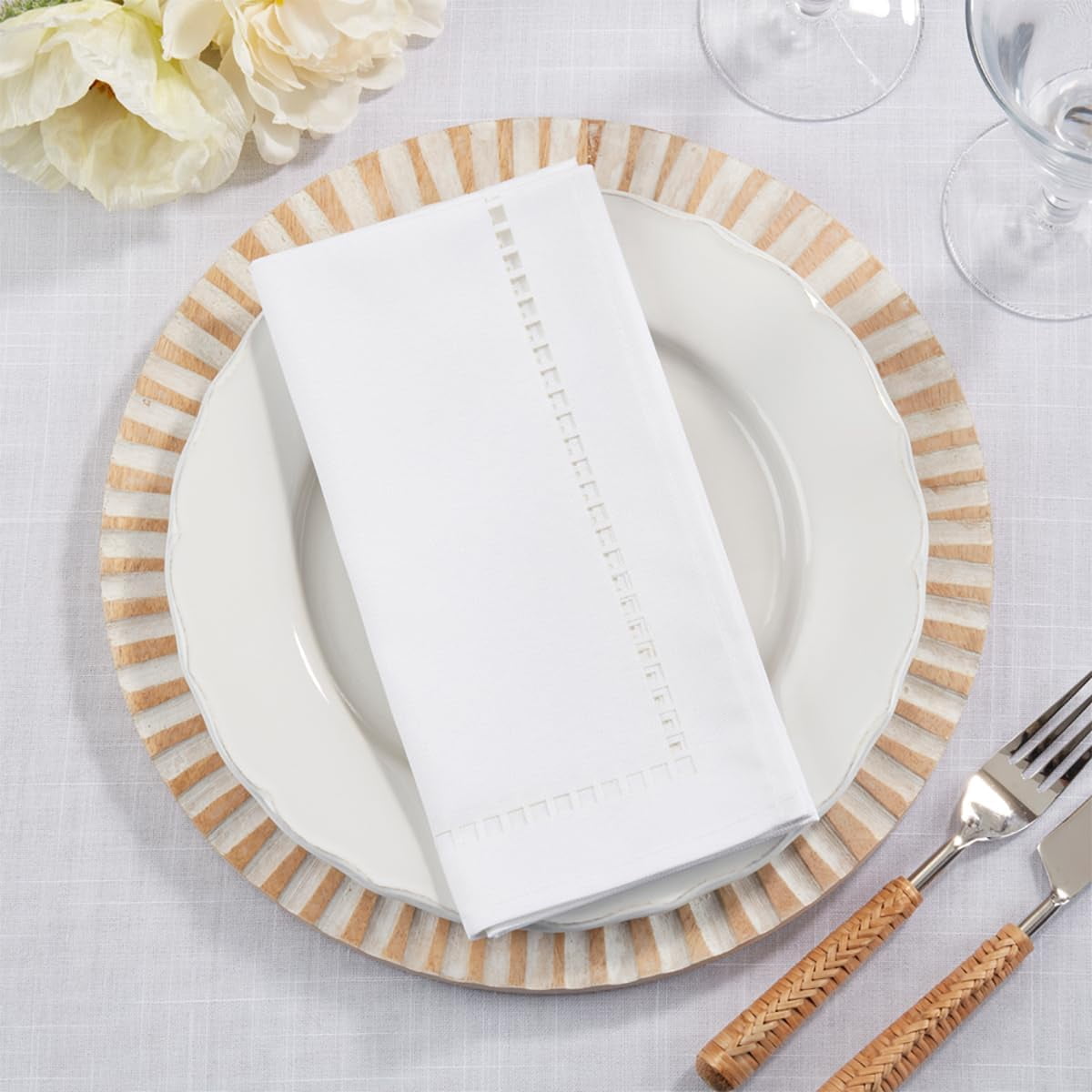 Fennco Styles Solid Color Laser-Cut Hemstitch Cloth Napkins 20" W x 20 ...