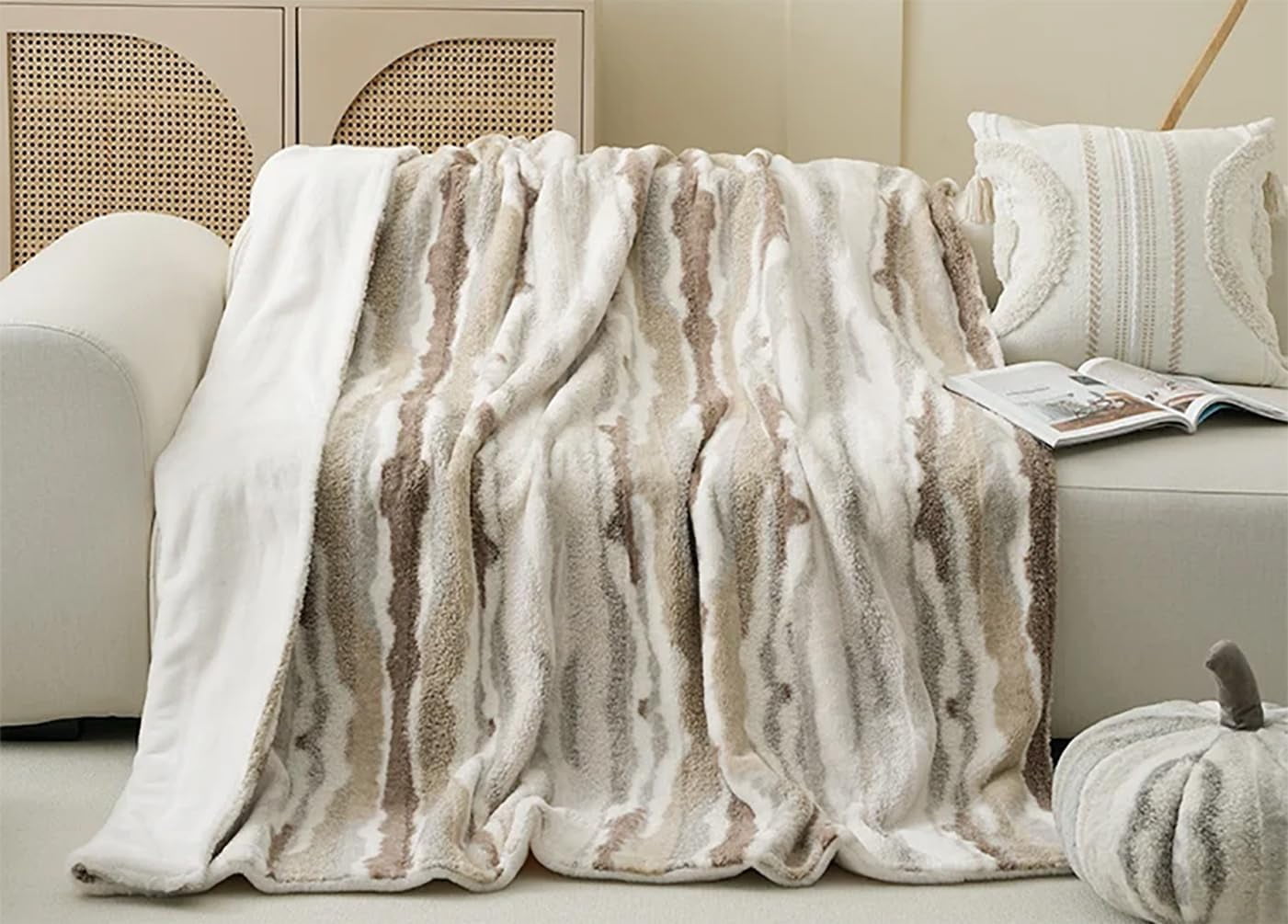 Fennco Styles Stripe Faux Fur Fleece Reversible Throw Blanket 60" W X ...