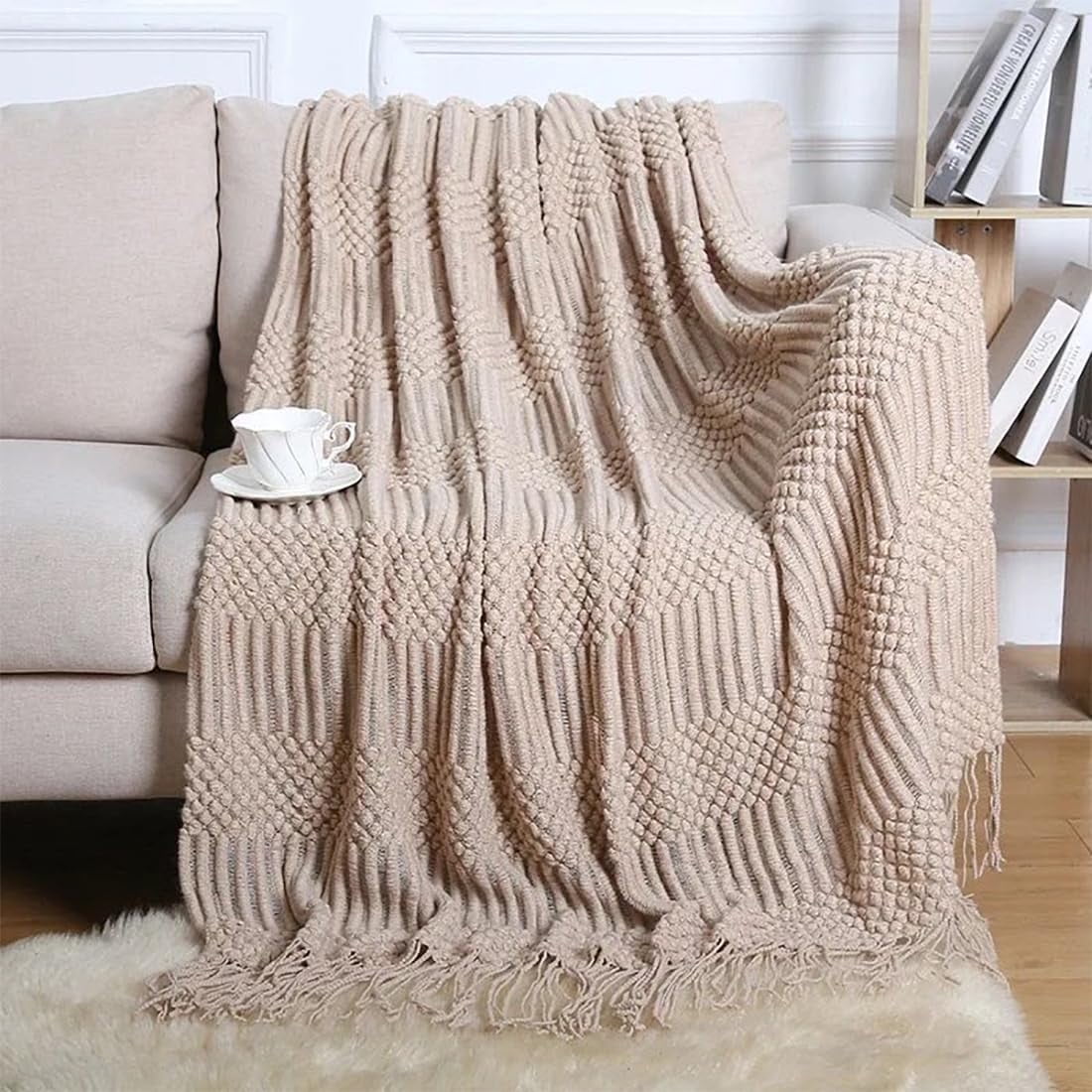 Fennco Styles Striped Knit Solid Fringe Throw Blanket 50" W x 60" L ...