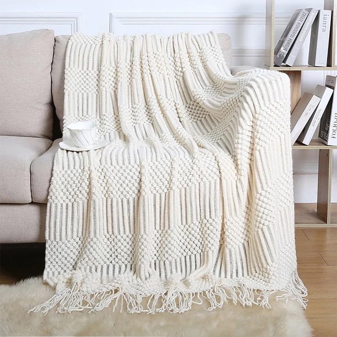 Fennco Styles Striped Knit Solid Fringe Throw Blanket 50" W x 60" L ...
