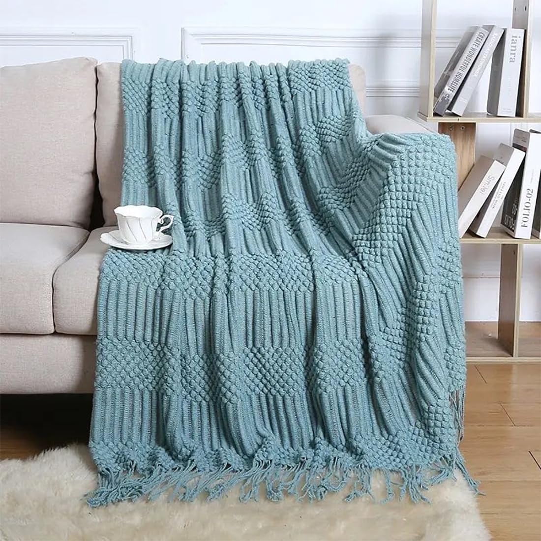 Fennco Styles Striped Knit Solid Fringe Throw Blanket 50" W x 60" L ...