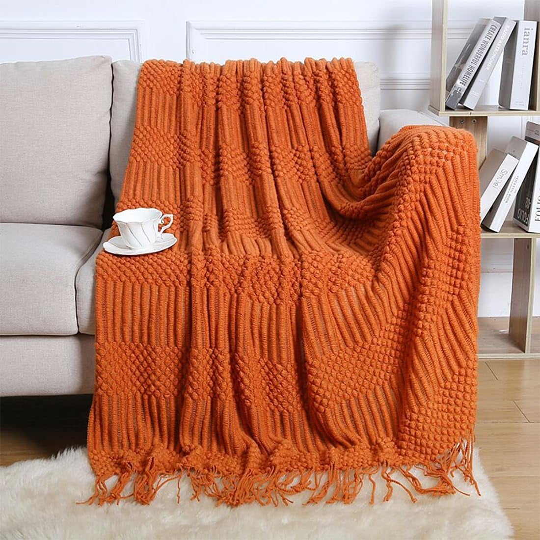 Fennco Styles Striped Knit Solid Fringe Throw Blanket 50" W x 60" L ...