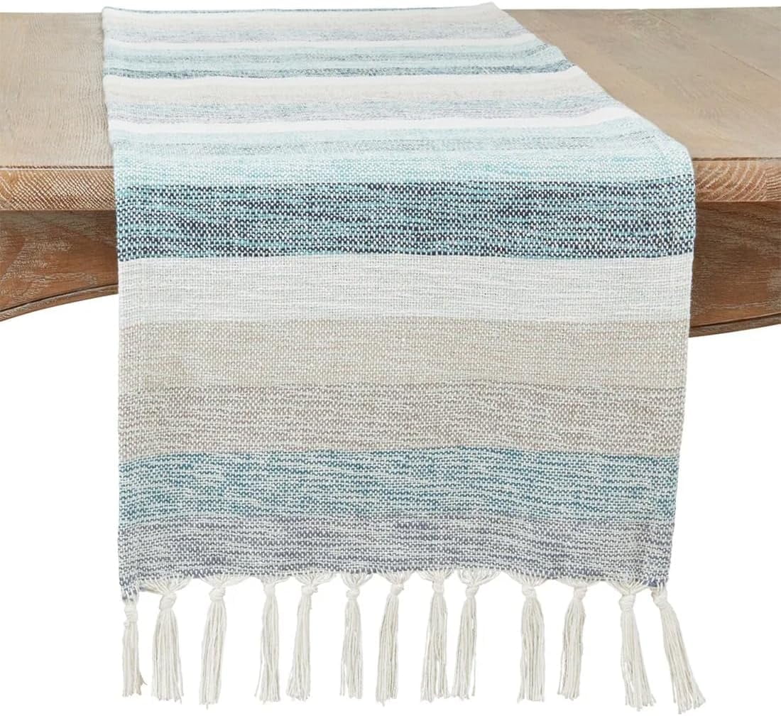 Fennco Styles Summer Striped Fringe Table Runner 16" W x 90" L - Aqua ...