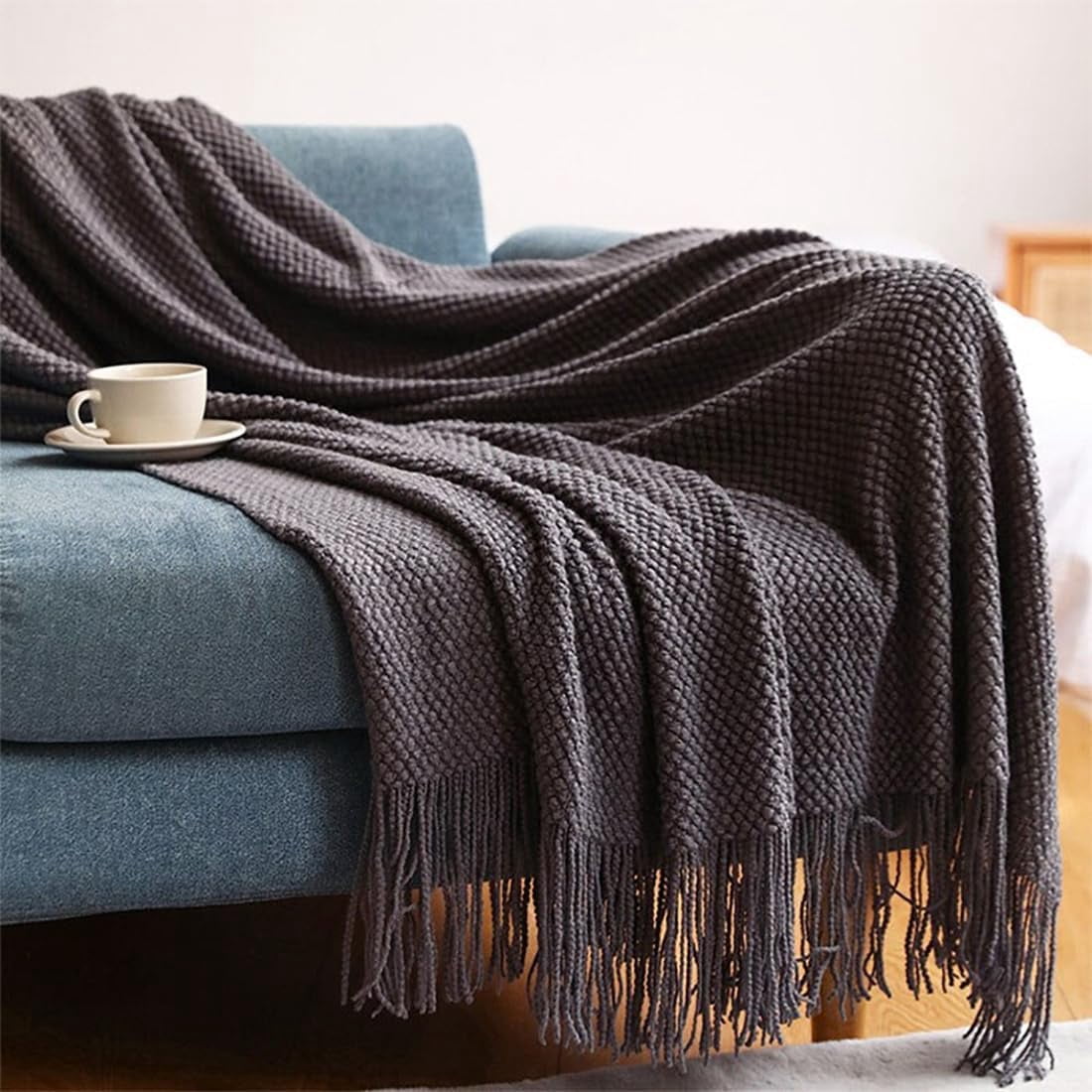 Fennco Styles Textured Knit Solid Fringe Throw Blanket 50" W x 60" L ...