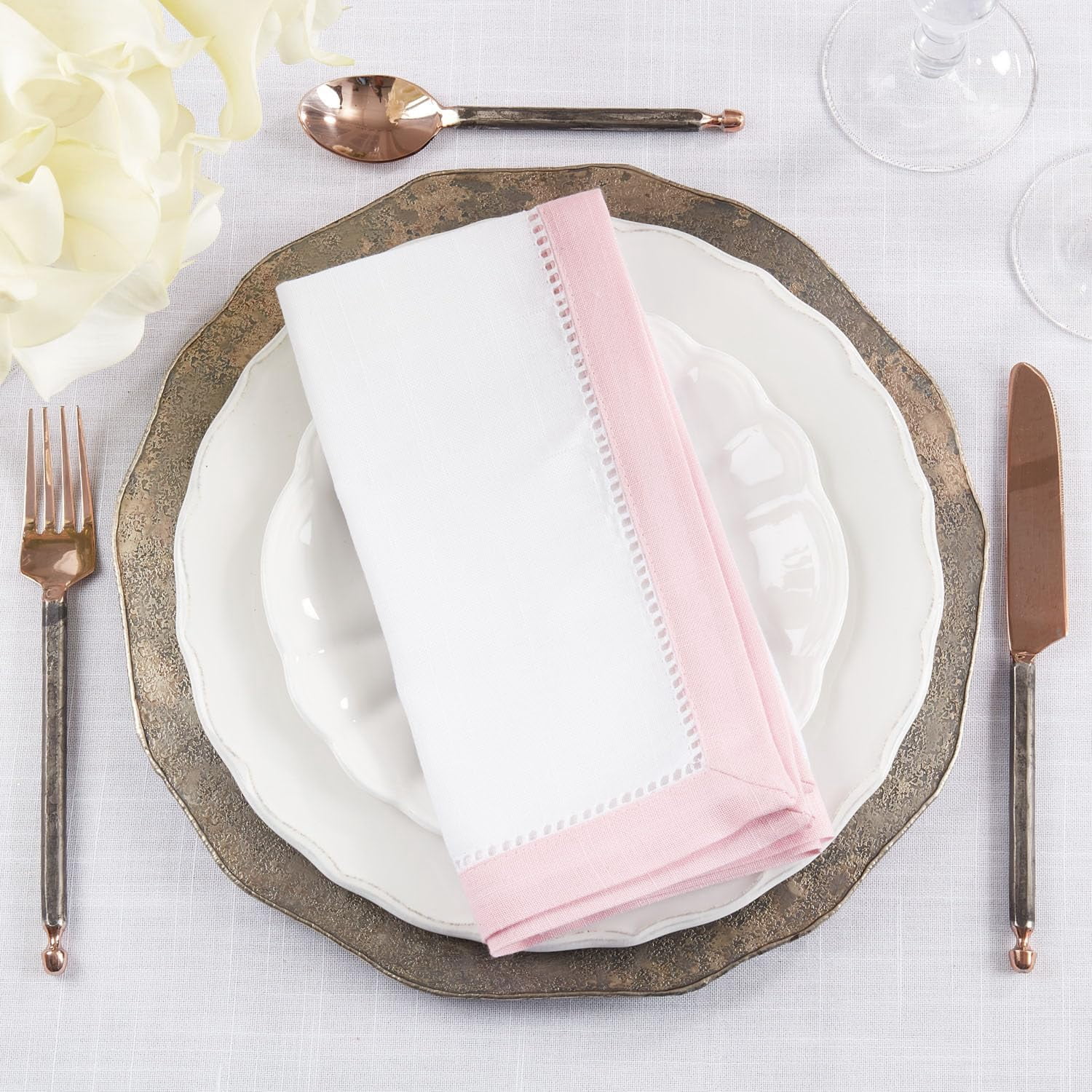 Fennco Styles Two-Tone Hemstitch Cloth Napkins 20" W X 20" L, Set of 4 ...