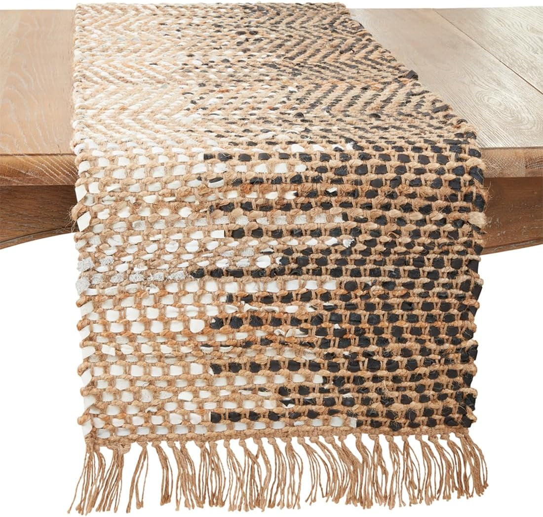 Fennco Styles Two-Tone Jute Leather Table Runner with Fringe 16" W X 72 ...