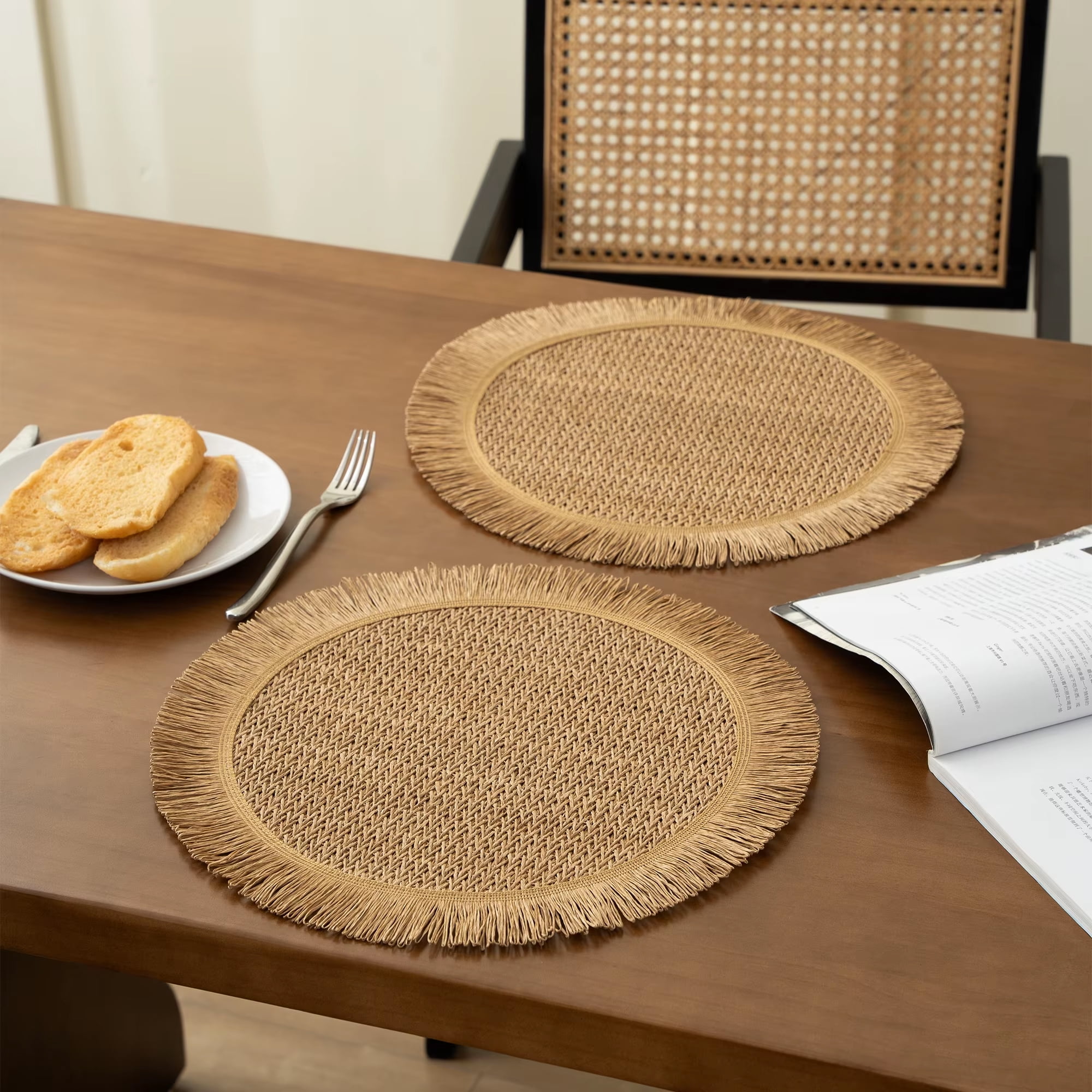 Fennco Styles Woven Fringe Solid Color Placemats 15" Round, Set of 4 ...