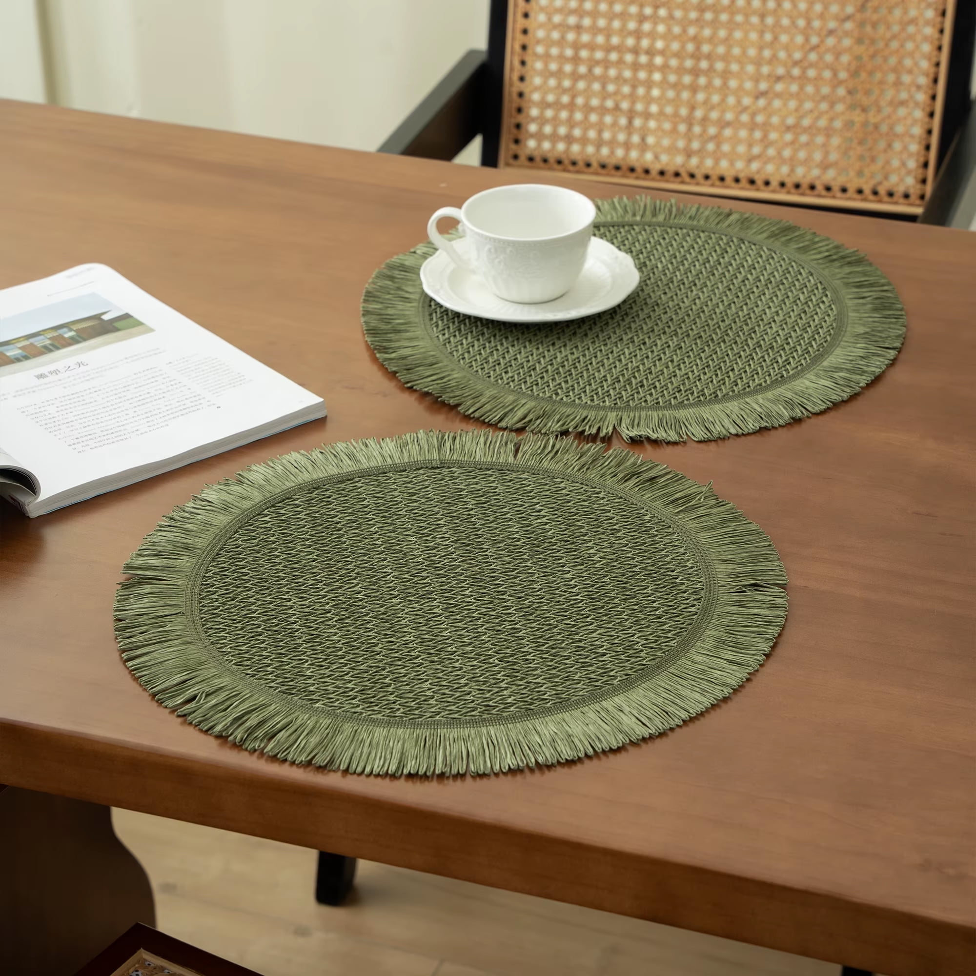 Fennco Styles Woven Fringe Solid Color Placemats 15" Round, Set of 4 ...