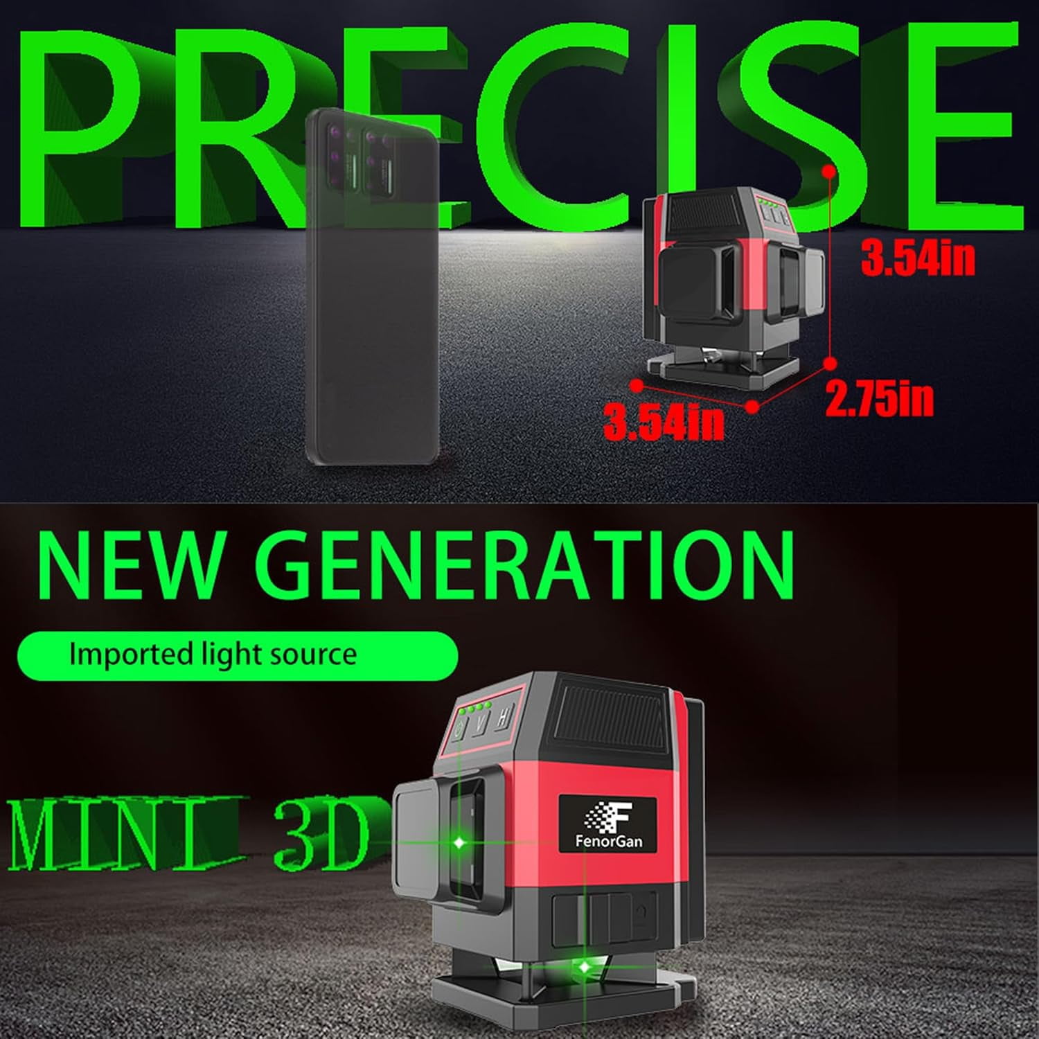 FenorGan12 Lines Self Leveling Laser Level, 3x360 3D Green Cross Line Professional Laser for ...