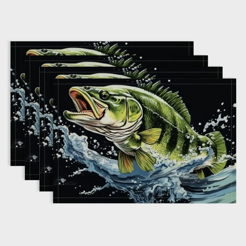 Fenyluxe 4Pcs Bass Fish Water Splash Linen Cloth Placemat Set - Perfect ...