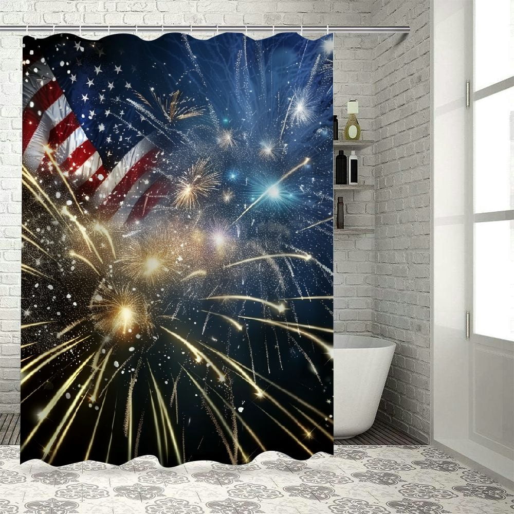 Fenyluxe American Flag Fireworks Shower Curtain with Metal Hooks for ...
