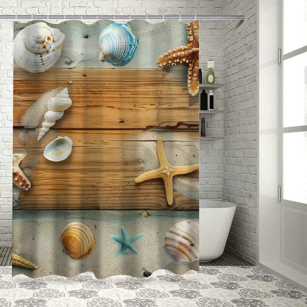Fenyluxe Beach Shower Curtain, Rustic Board Seashells on Sand Colorful ...