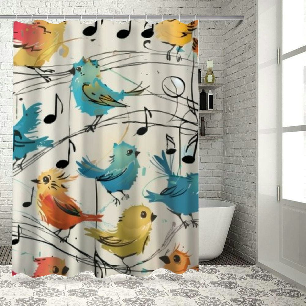 Fenyluxe Birds Music Notes Polyester Fiber Shower Curtain Set with ...