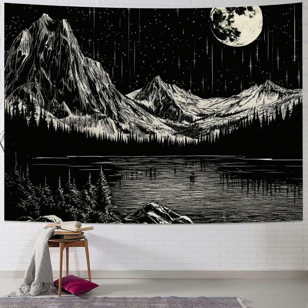 Fenyluxe Black and White Tapestry Starry Night Mountain Tapestries for ...