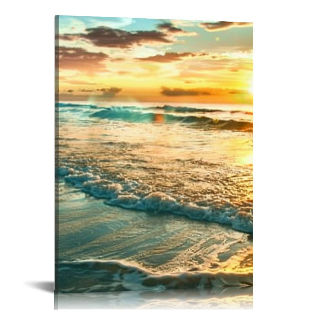 Fenyluxe Blue Beach Canvas Wall Art for Home Decor Sunset White Wave ...