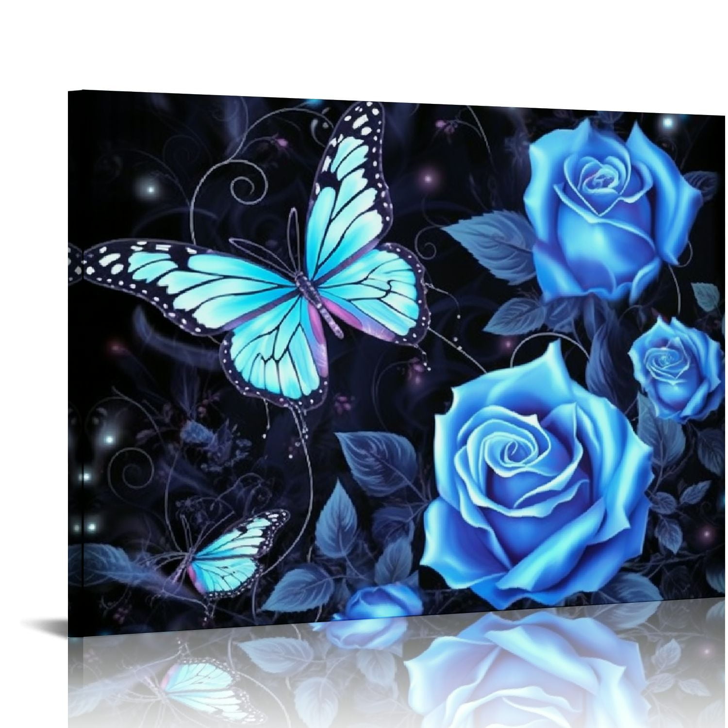 Fenyluxe Blue Rose Butterflies Canvas Wall Art Print Ready To Hang Home ...