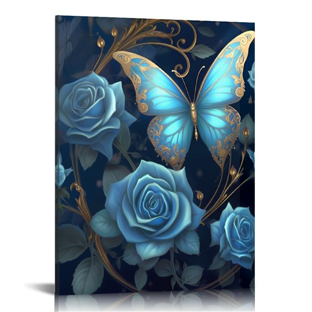 Fenyluxe Blue Rose Butterflies Fantasy Art Canvas Wall Art Home ...