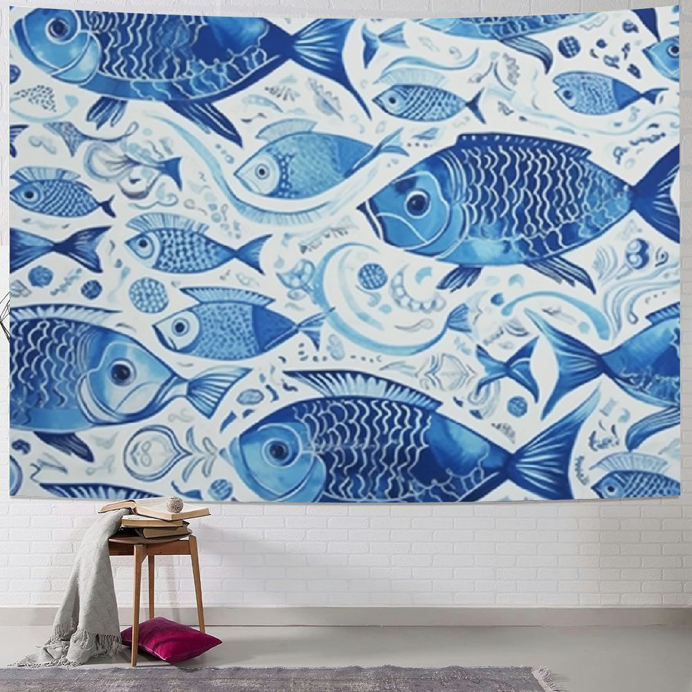 Fenyluxe Blue Tapestry, Fish Sea Animal with Ottoman Ornate Mosaic Hand ...